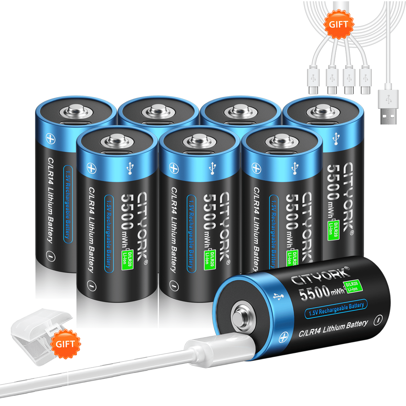 8 Pack 1.5V USB Rechargeable Lithium Batteries, Constant Output C Cell ...