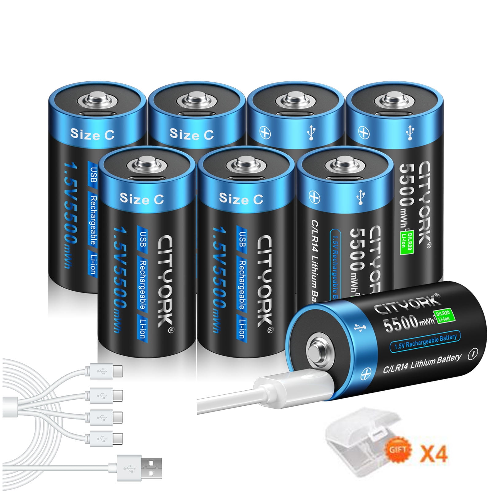 8 Pack 1.5V USB Rechargeable Lithium Batteries, Constant Output C Cell ...