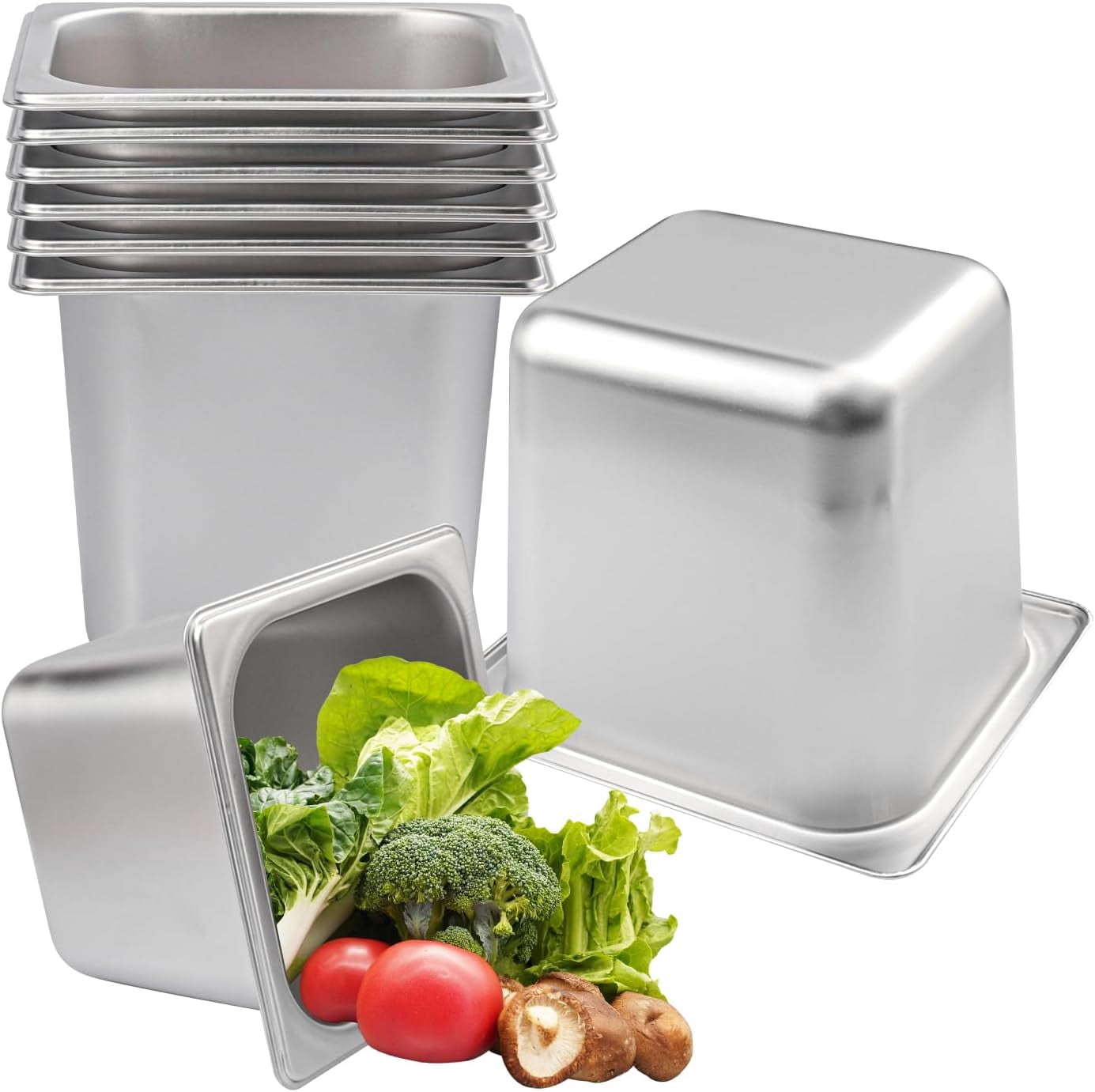 8 Pack 1/6 Size Stainless Steel Steam Pan, 6 Inch Deep Anti-Jamming ...