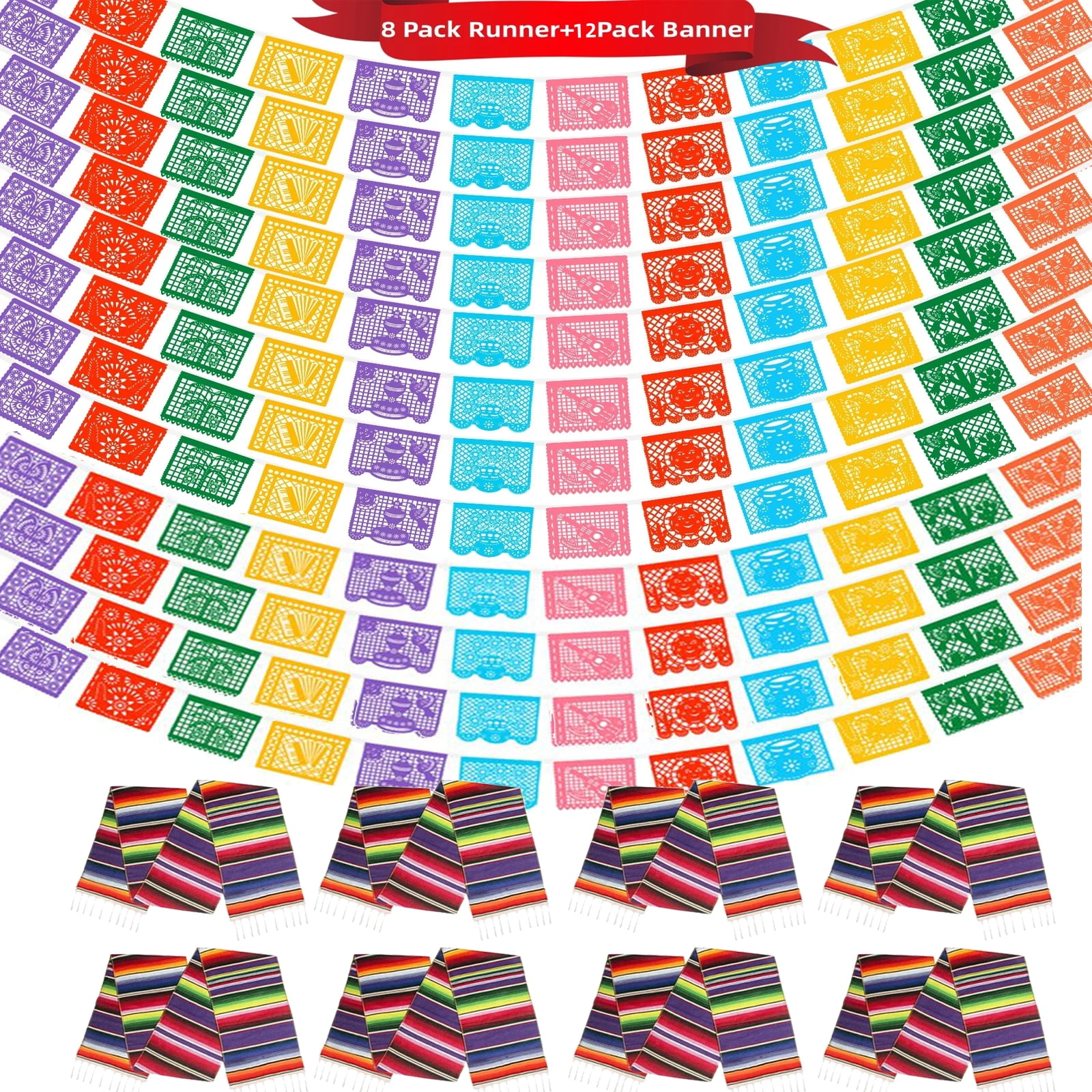 8 Pack 14 x 110in Mexican Serape Table Runners, 264 FT (22FT x 12 ...