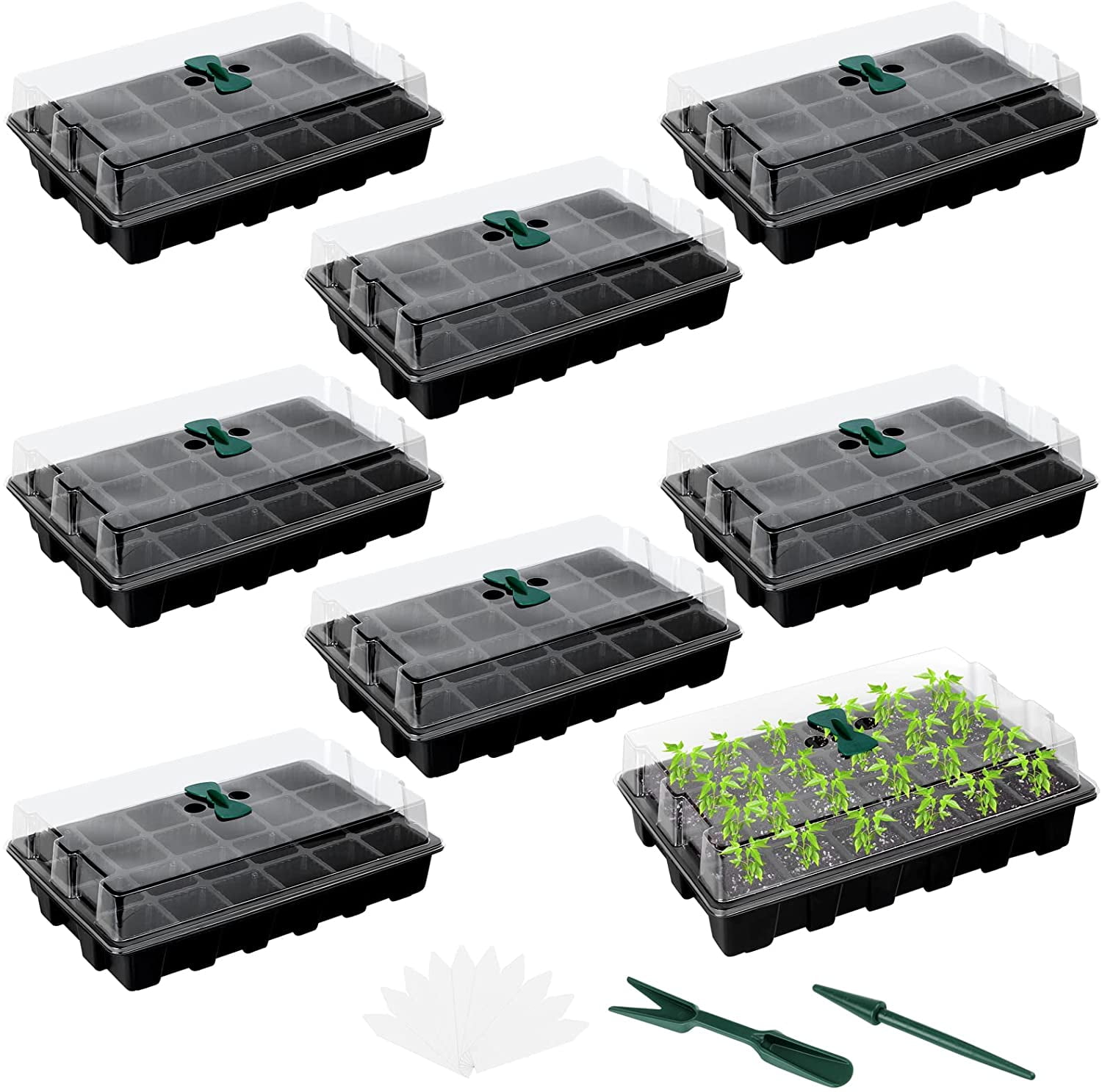 8 Pack 192 Cells Seed Starter Tray Kit Seedling Propagator Plant Grow ...