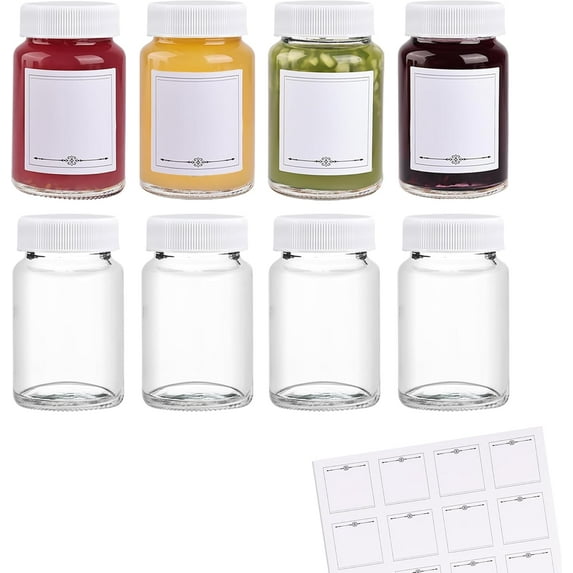 8 Pack, 2 oz Glass Shot Bottles w/White Caps & Labels - Small Clear Jar ...