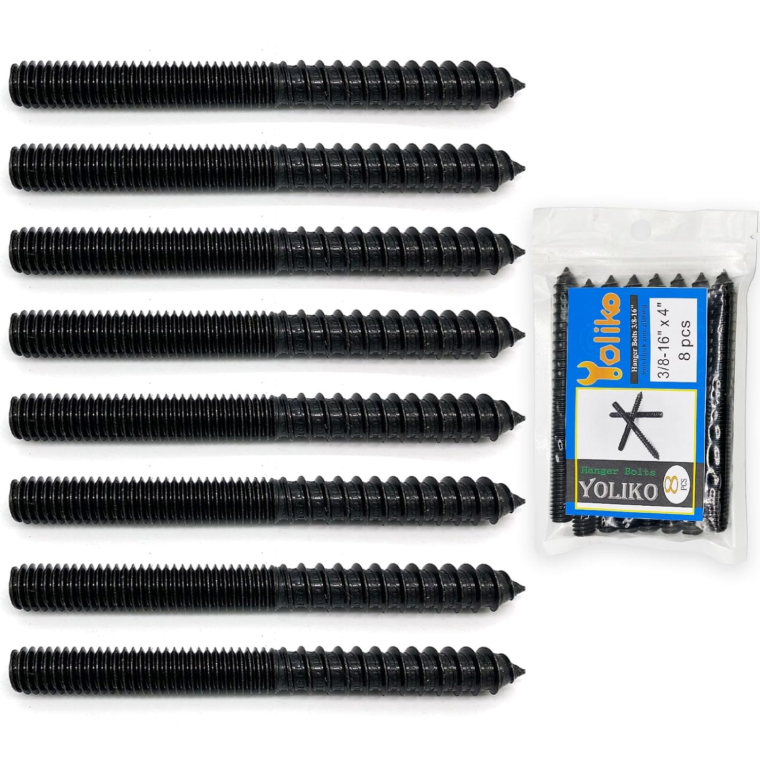 8 Pack 3/8-16 x 4 Inch Black Hanger Bolts 3/8-16" Double Headed Bolts 3 ...