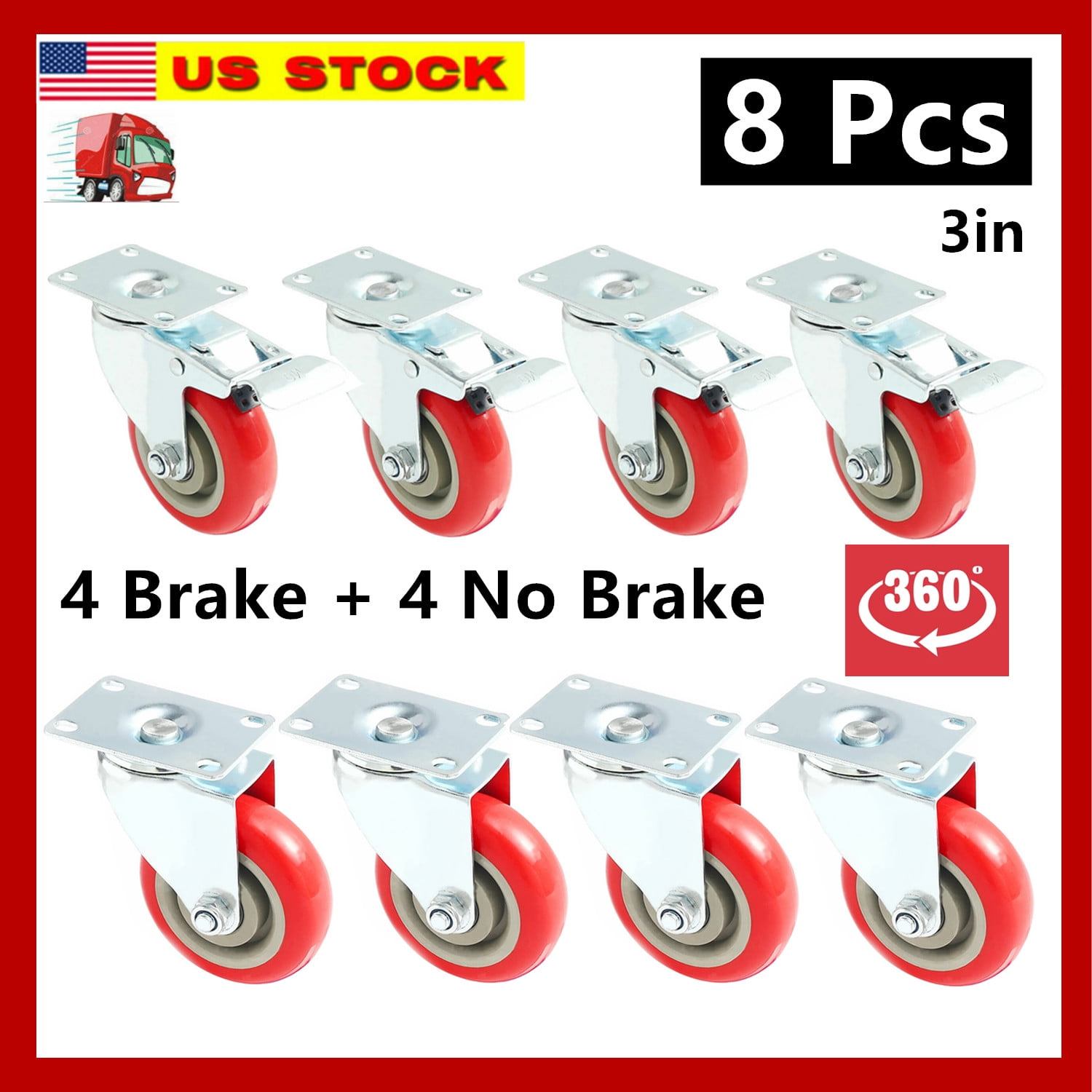 8 Pack 3 Inch Caster Wheels Swivel Plate Polyurethane Wheels Heavy Duty ...