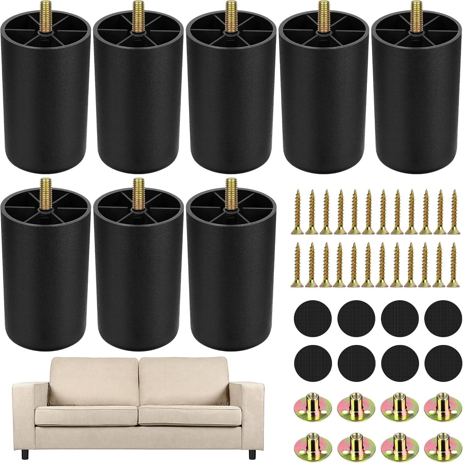 8 Pack 3 Inch Plastic Furniture Legs with M8 T-Nuts Screws Tapered Sofa ...