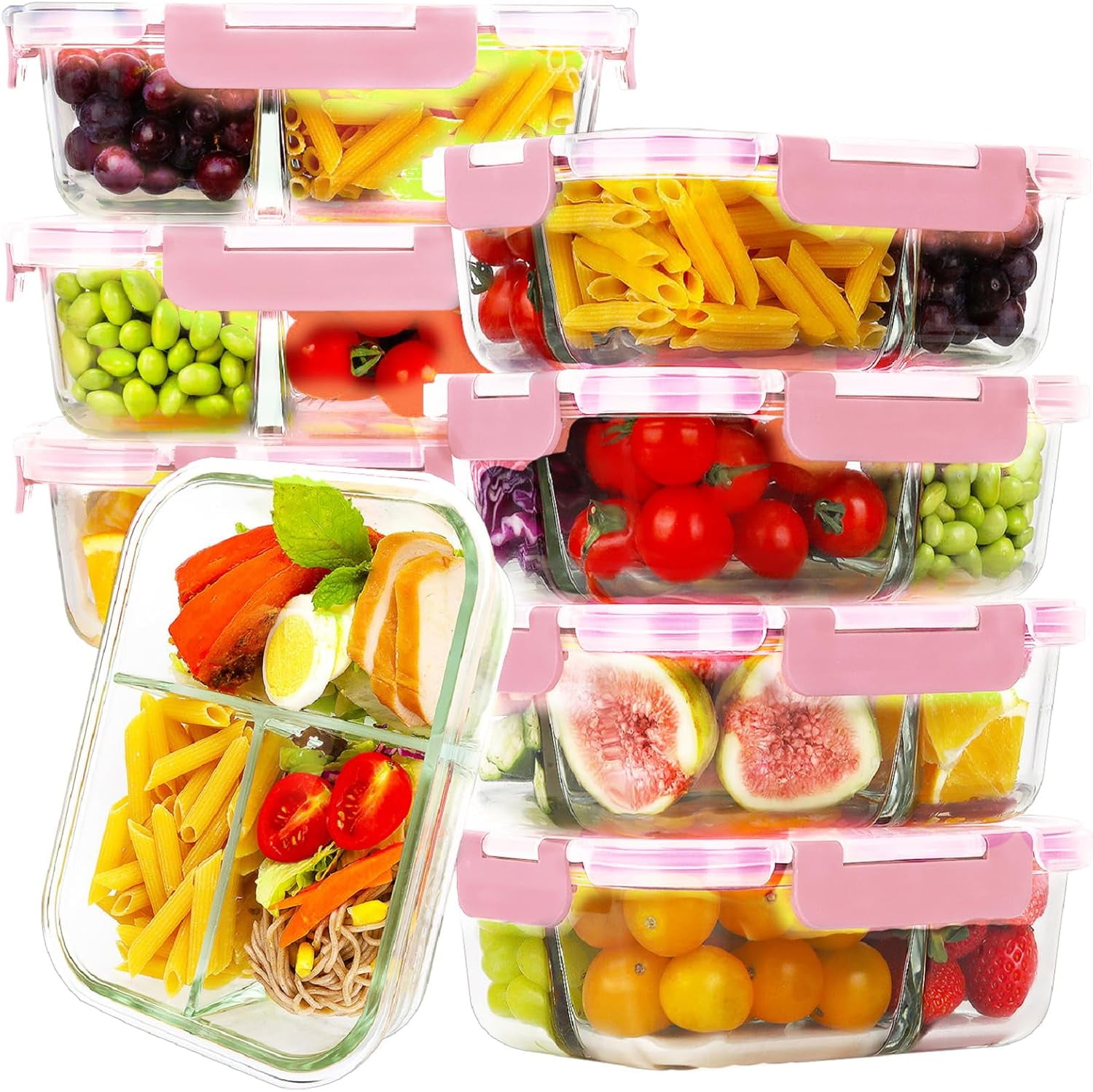 8 Pack 36 oz 3 Compartment Glass Meal Prep Containers with Lids ...