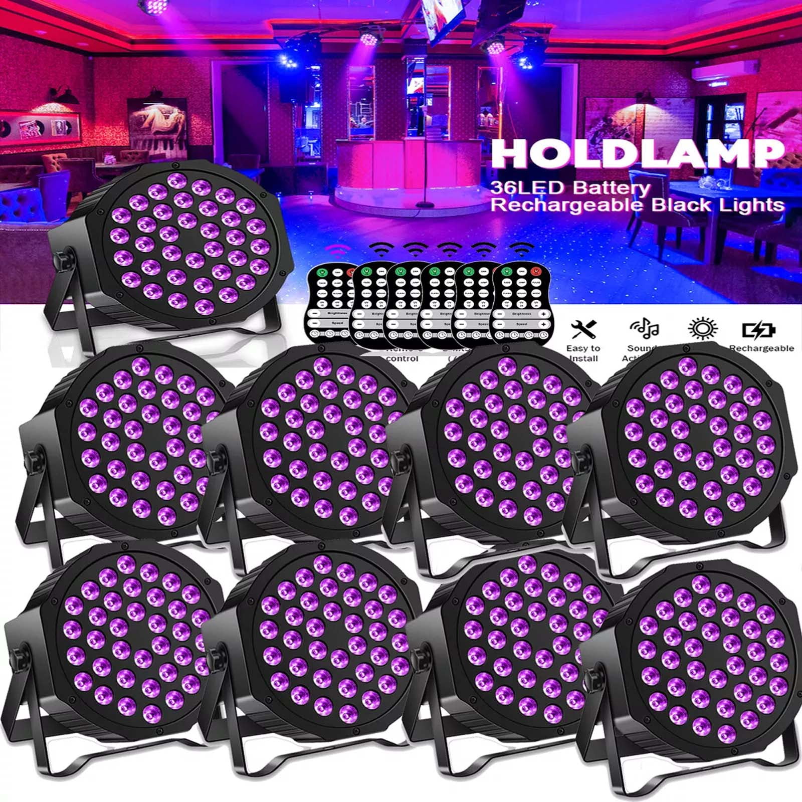 8 Pack 36LED Black Light Rechargeable UV Par Light with Built-in ...