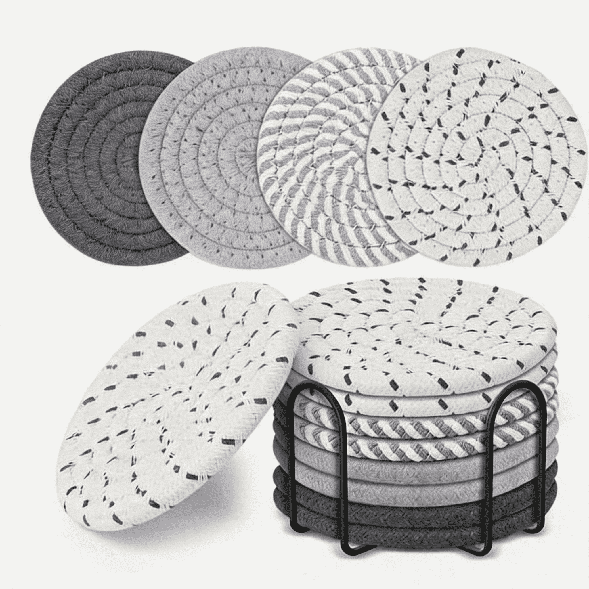 8-Pack 4.3 Inch Cotton Coasters with Black Storage Rack - Woven ...