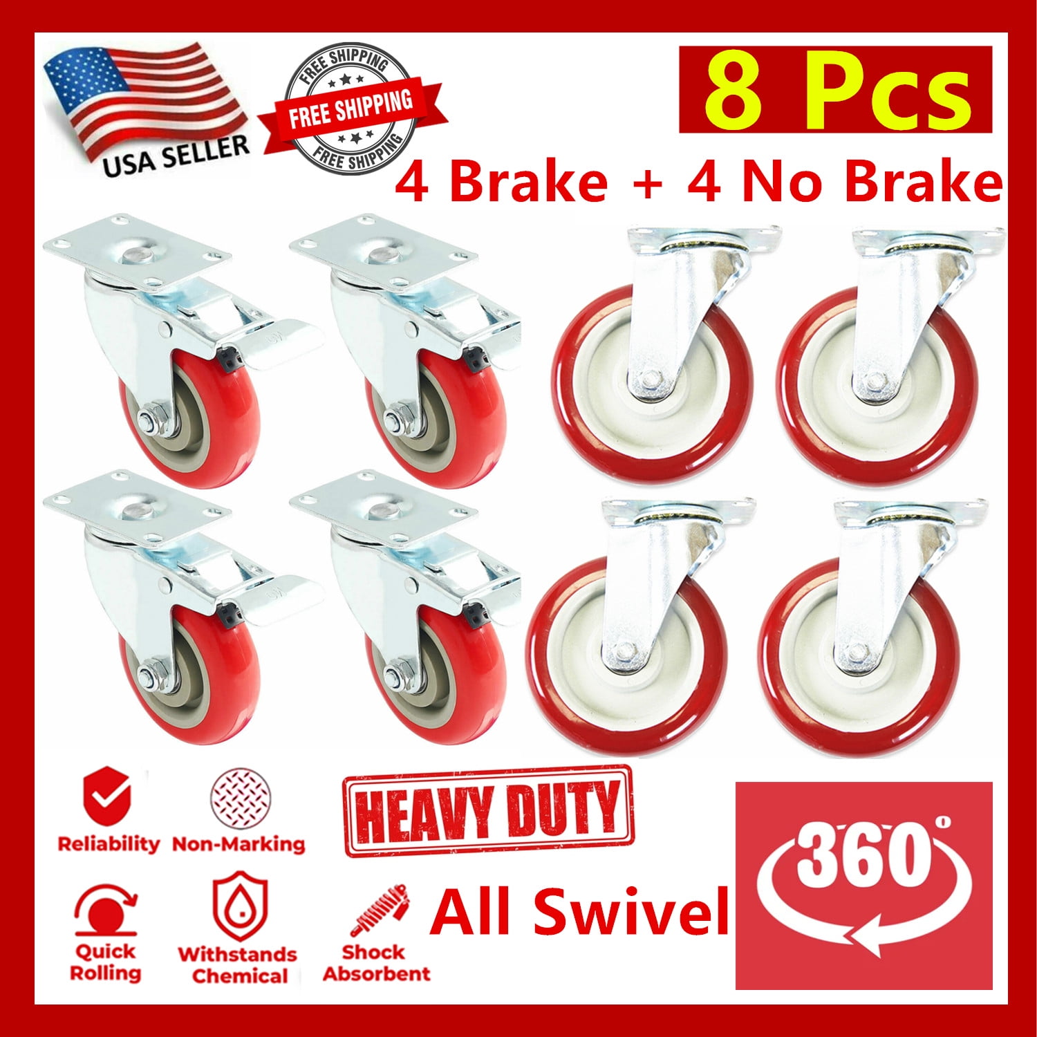 8 Pack 4 Inch Caster Wheels Swivel Plate Polyurethane Wheels Heavy Duty ...