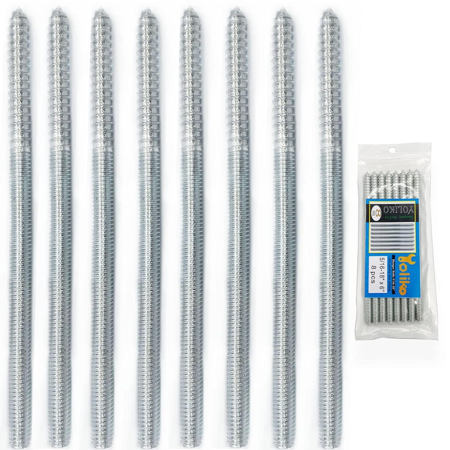 8 Pack 5/16-18 x 6 Inch Hanger Bolts - Double Headed Silvery Wood Dowel ...
