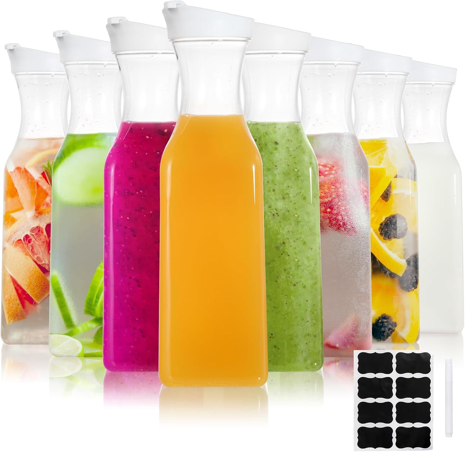 8 Pack 50 Oz Plastic Water Carafe with Lid and Label, Clear Water Drink ...