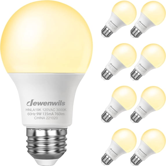 8-Pack A19 LED Light Bulbs, 760LM, 3000K Warm Light Bulbs, Energy ...