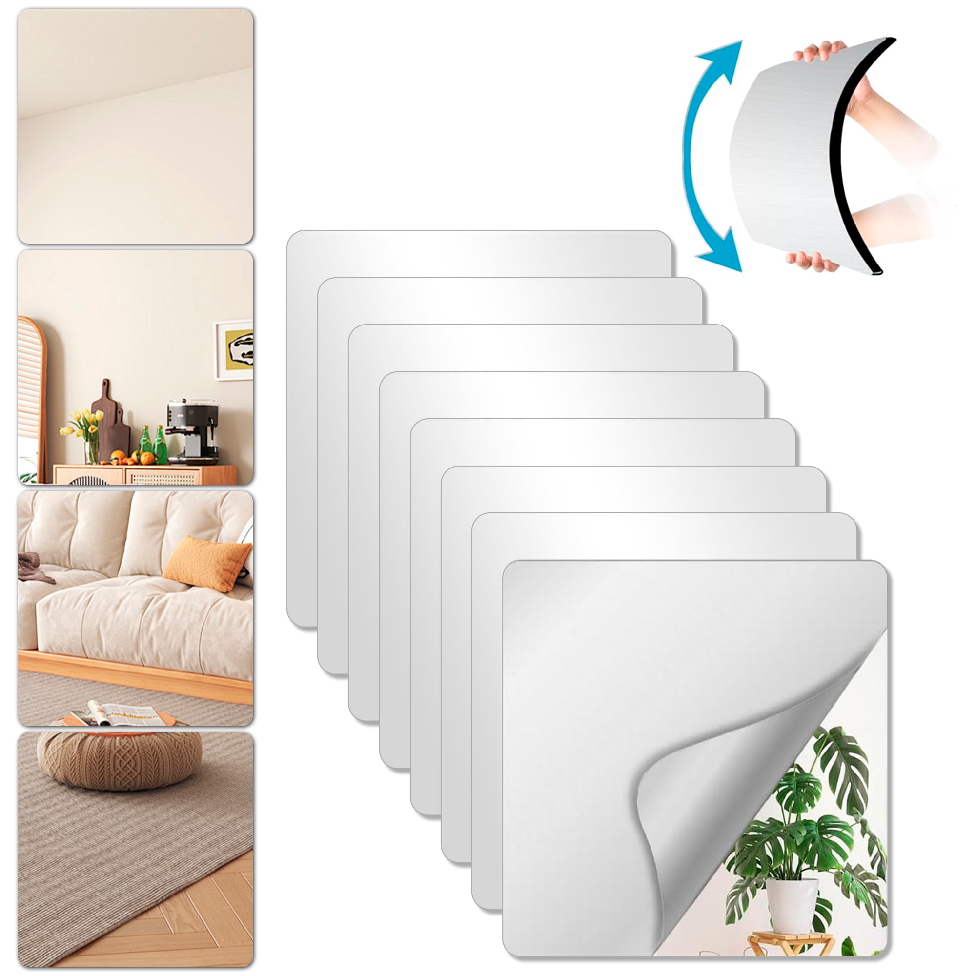 8 Pack Acrylic Mirrors for Wall,12 x 12 Inch Self Adhesive Frameless ...