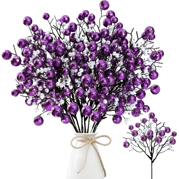 8 Pack Artificial Glitter Berry Stems 11.4 inch Christmas Glitter ...