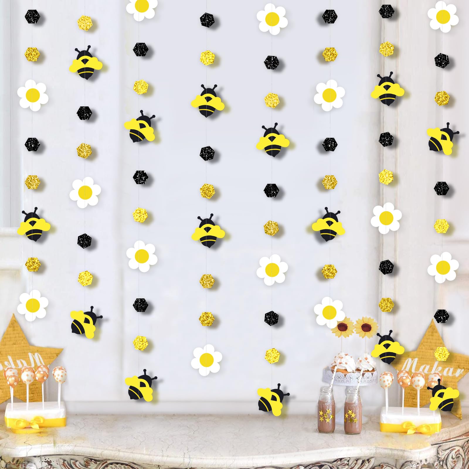 8 Pack Bee Decorations, Glitter Black Gold Bee Flower Garland Hanging ...