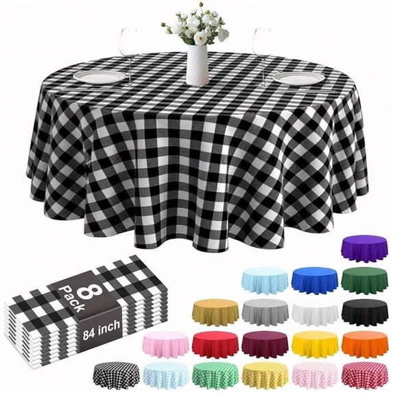 8 Pack Black Checkered Plastic Tablecloth 84 Inch Round Disposable ...