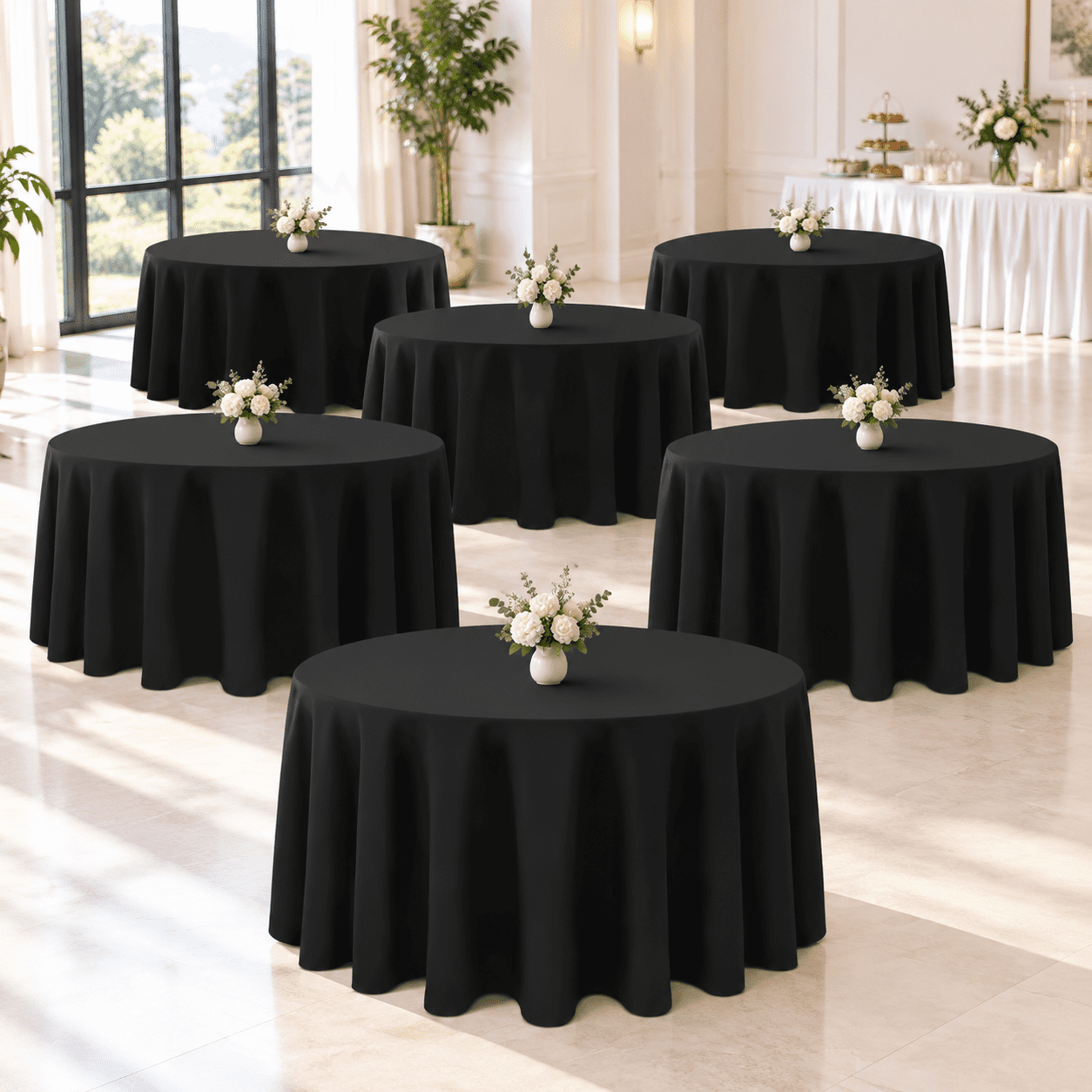 8 Pack Black Round Tablecloths 120 Inch For 48