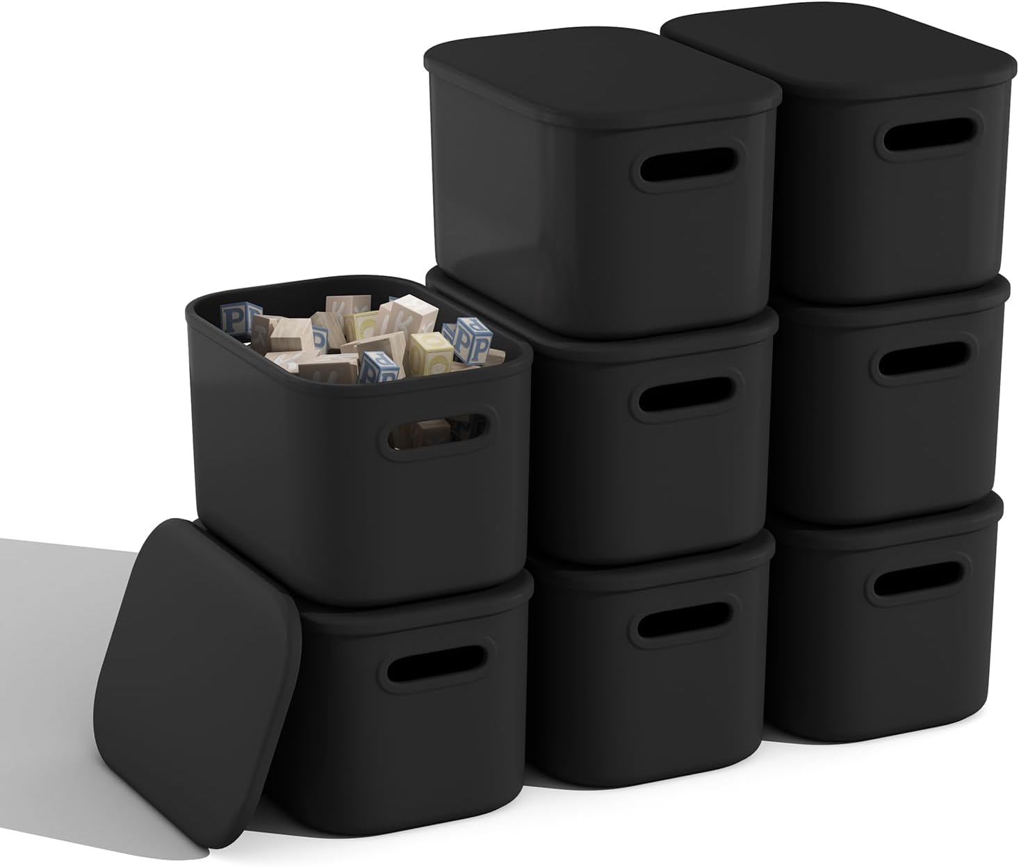 8 Pack Black Storage Bins with Lids for Shelves, Plastic Storage Containers with Lids for ...