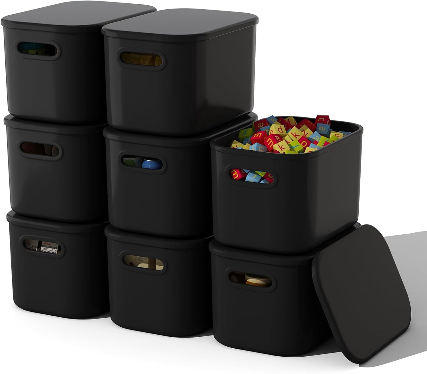 8 Pack Black Storage Bins with Lids Stackable Storage Container for ...
