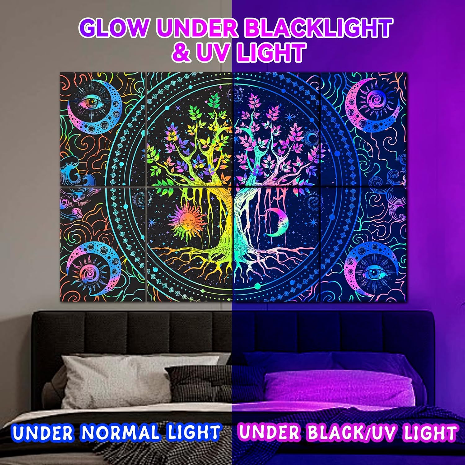8 Pack Blacklight Art Acoustic Panels, 48"x32" -Adhesive Reactive ...