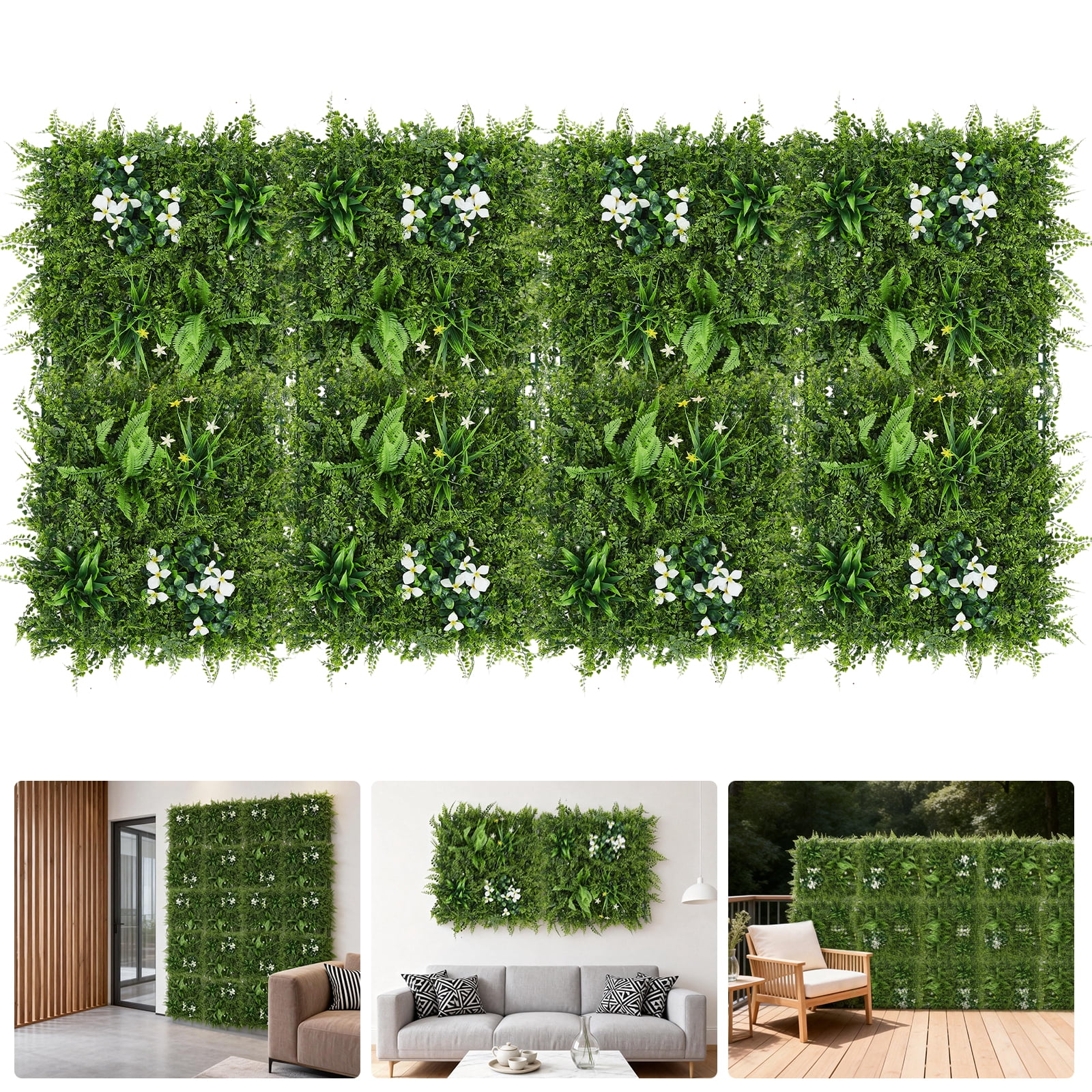 8 Pack Boxwood Panel,20"x20"Artificial Wall Panels with White Flowers ...