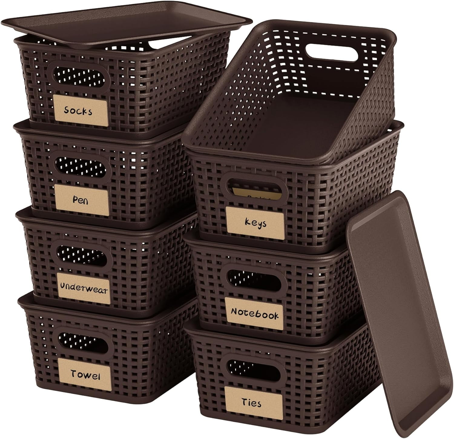 8-Pack Brown Plastic Storage Baskets with Lids, Label Organizers ...
