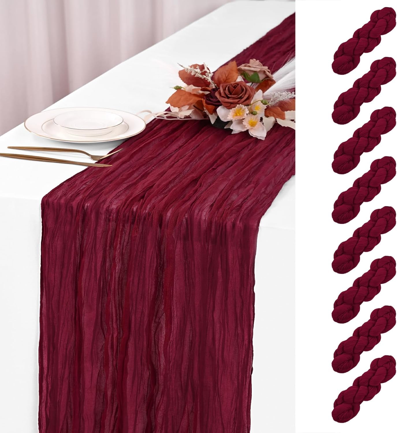 8 Pack Burgundy Cheesecloth Table Runner 120 Inch 10FT Spring Boho ...