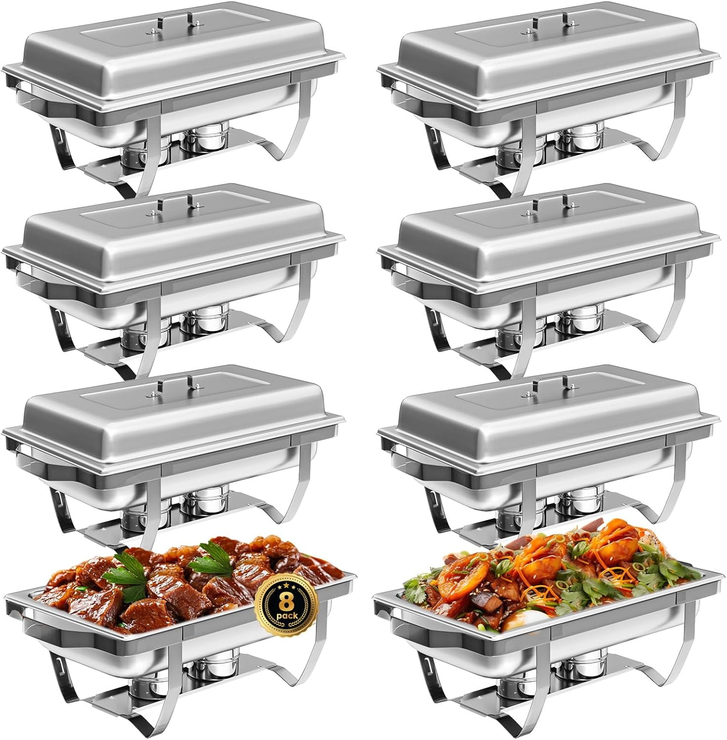 8 Pack Chafing Dish Buffet Set, 8QT Stainless Steel Rectangular Chafers ...