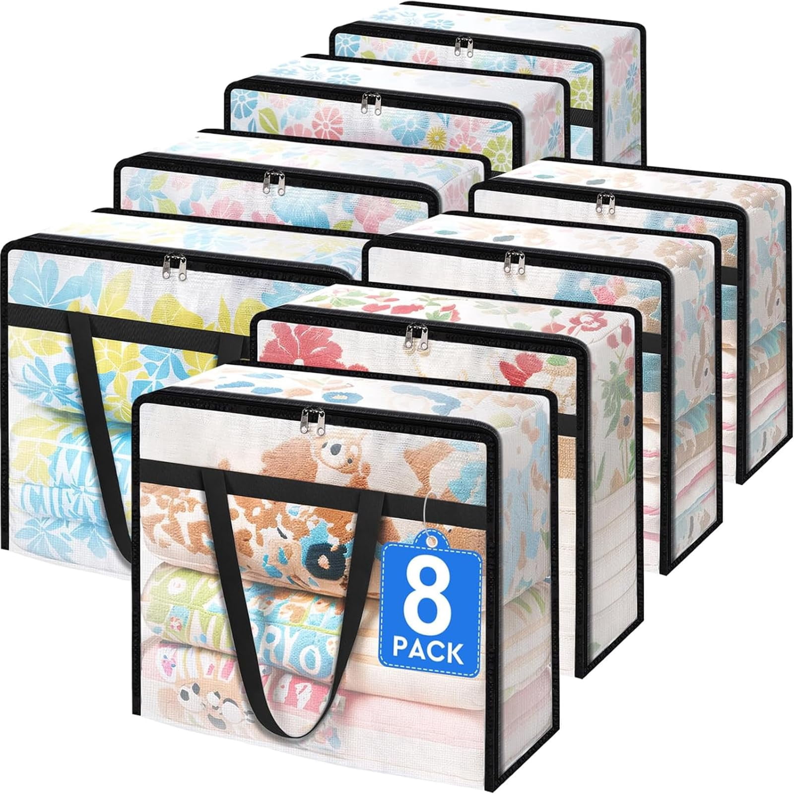 8 Pack Clear Clothes Storage Bags Moving Foldable Blanket Under Bed ...