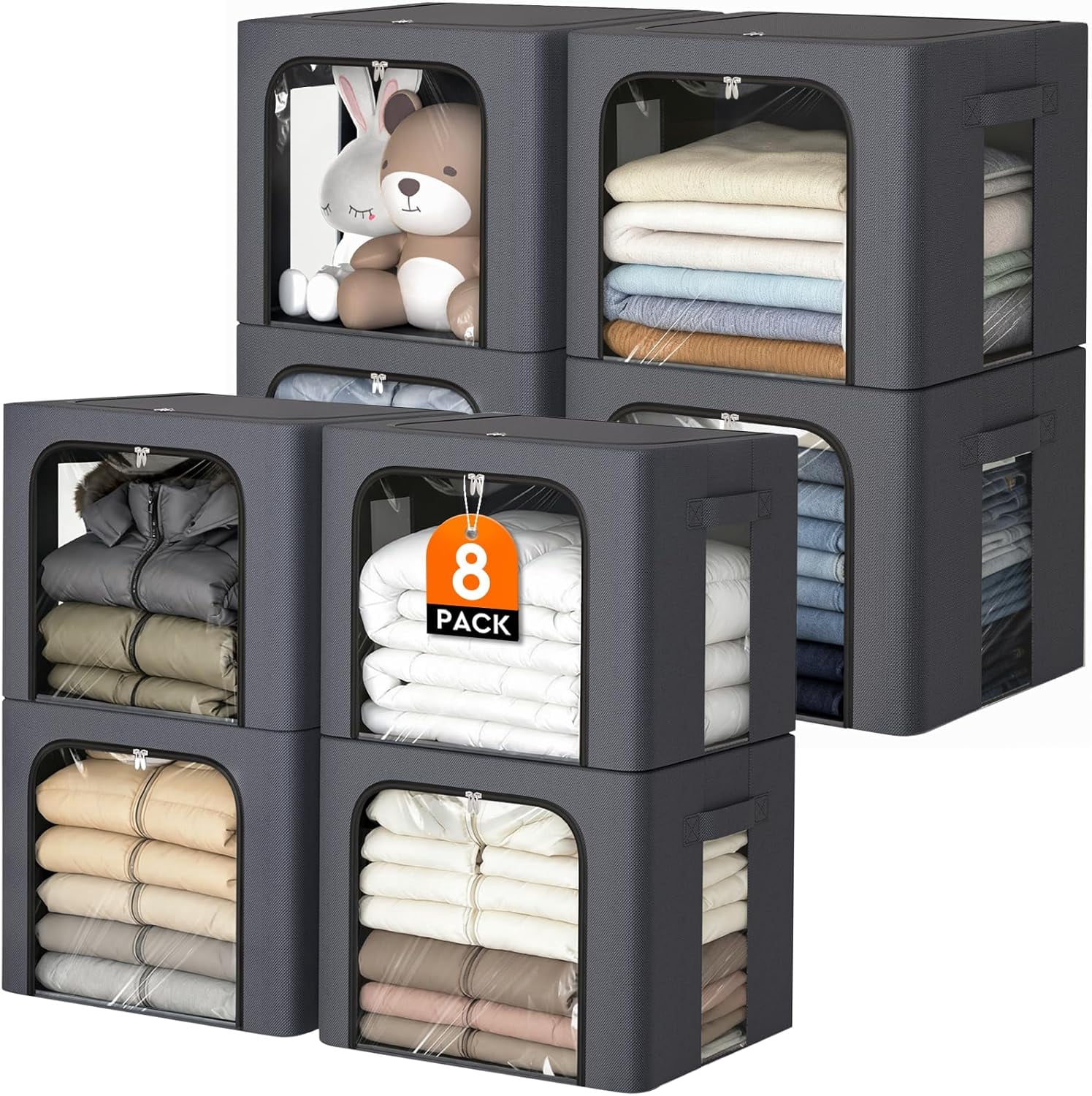 8 Pack Clothes Storage Bins with Metal Frame,40L Storage Bags Fabric ...