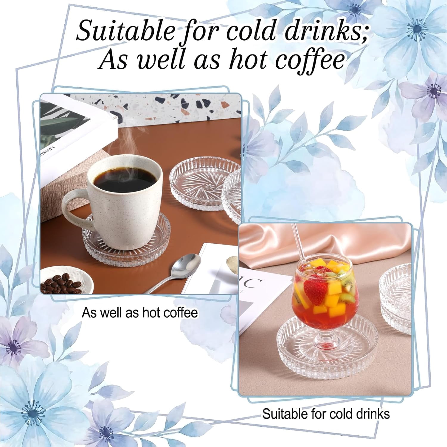 8 Pack Crystal Drink Coasters, Clear Glass Coasters Glass Round Cup Mat ...