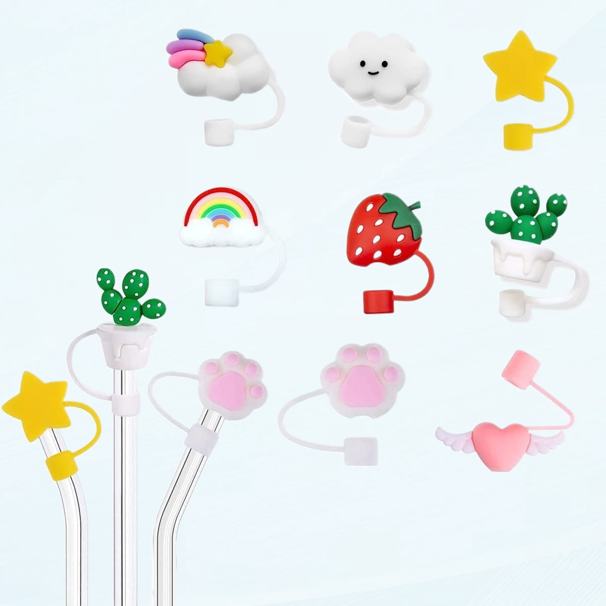 (8 Pack) Cute Silicone Straw Covers - Reusable Cartoon Drinking Straws ...