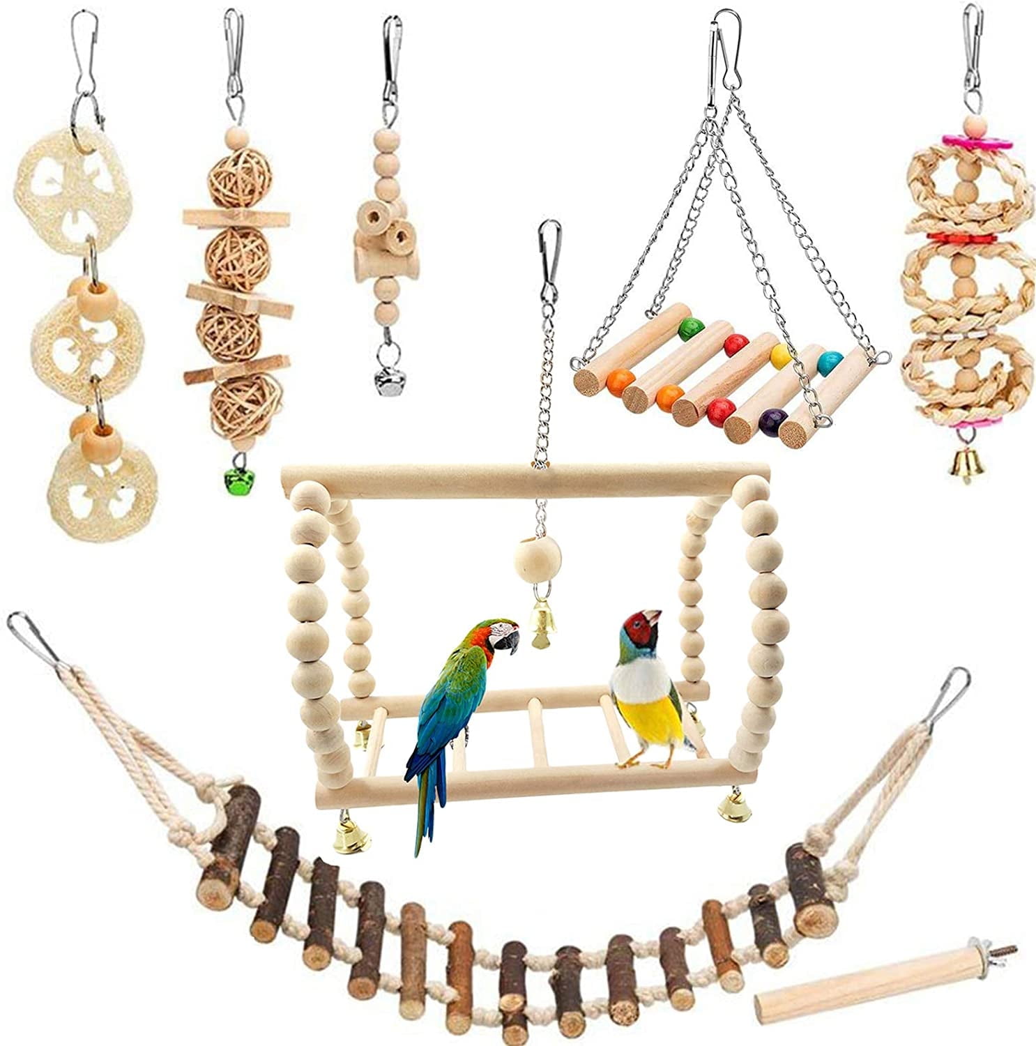 Dinosam 8 Pack Large Bird Toys, Parakeet Cage Accessories, Wooden Swing ...