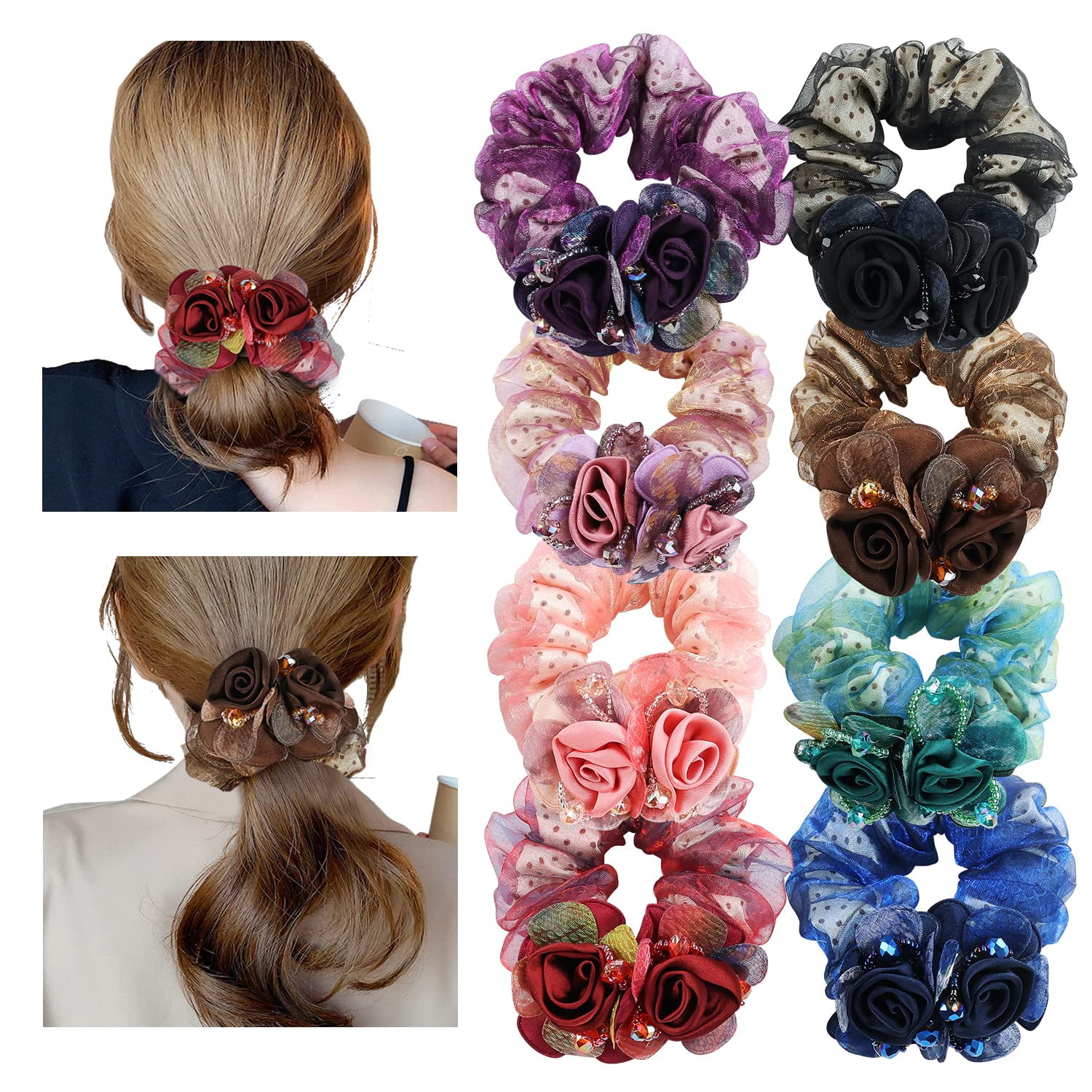 8 Pack Glitter Sparkly Lace Rose Flower Hair Ties Hair Bows Elastics ...