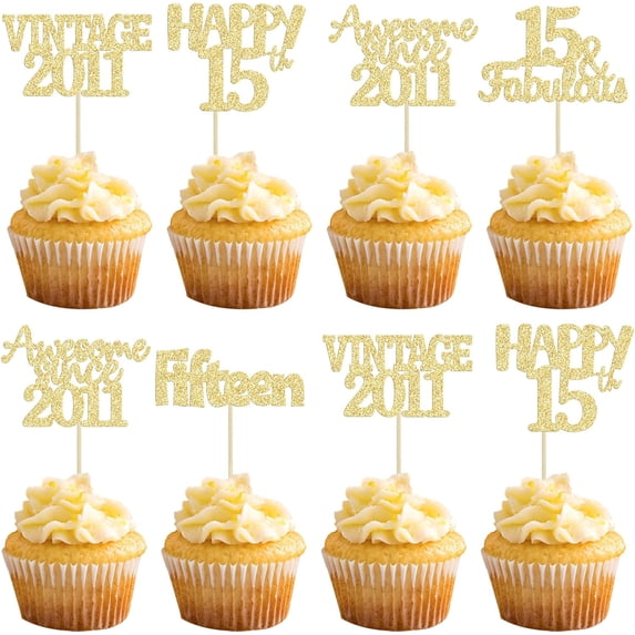 8 Pack Gold Glitter 15th Birthday Cupcake Toppers, Vintage 2011 Theme ...