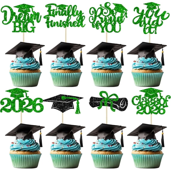 8 Pack Green Glitter 2026 Graduation Cupcake Toppers, Class of 2026 ...