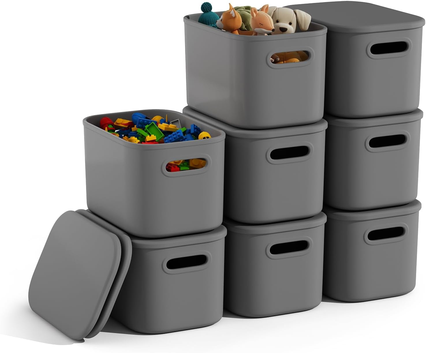 8 Pack Grey Stackable Storage Bins with Lids for Shelves, Plastic ...