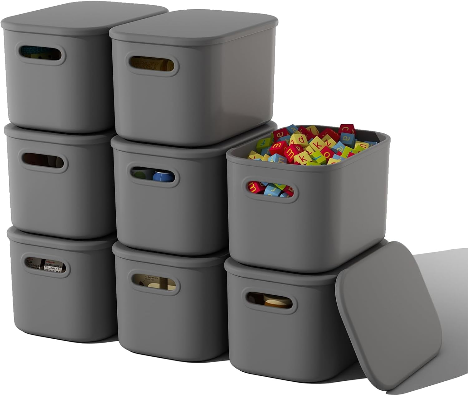 8 Pack Grey Storage Bins with Lids Stackable Storage Container for ...