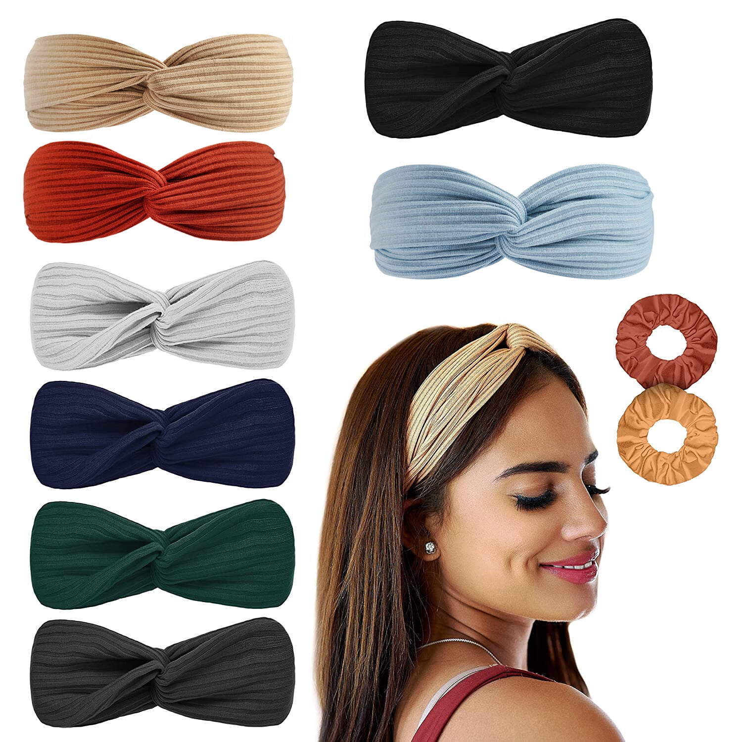 8 Pack Headbands For Women With 2 Hair Ties Solid Color Twisted Knotted