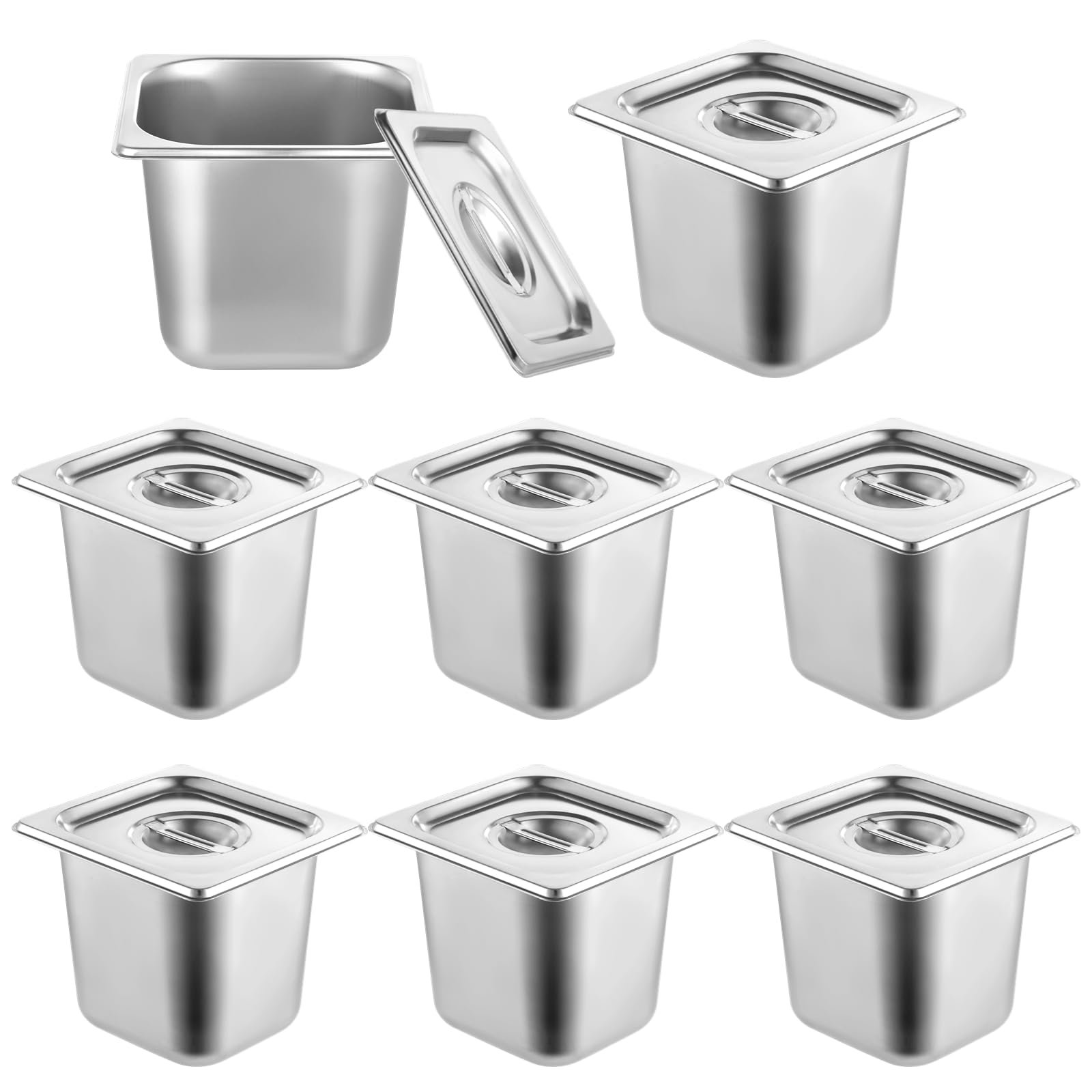 8 Pack Hotel Pans 1/6 Size with Lid, 6 inch Deep Stainless Steel Steam ...