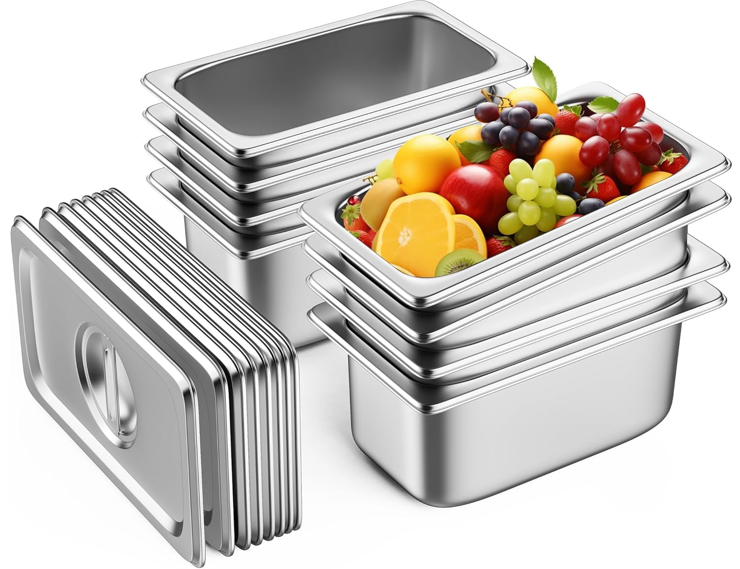 8 Pack with Lids, 1/4 Size 6" Deep Stainless Steel Steam Table Pan 22 ...