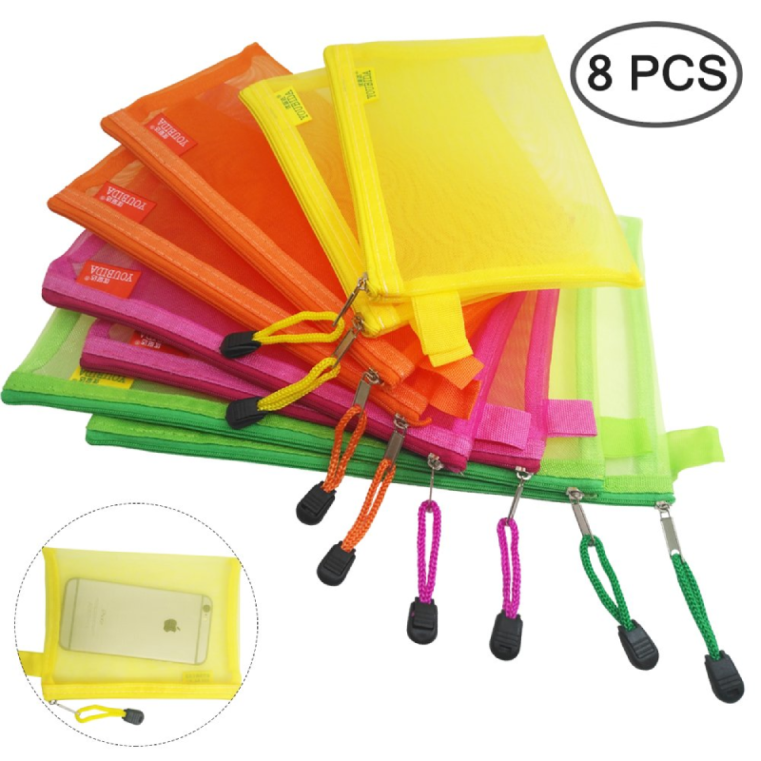8-Pack Mesh Zipper Pouch with Label Pocket , Zip Lock Document Folder ...