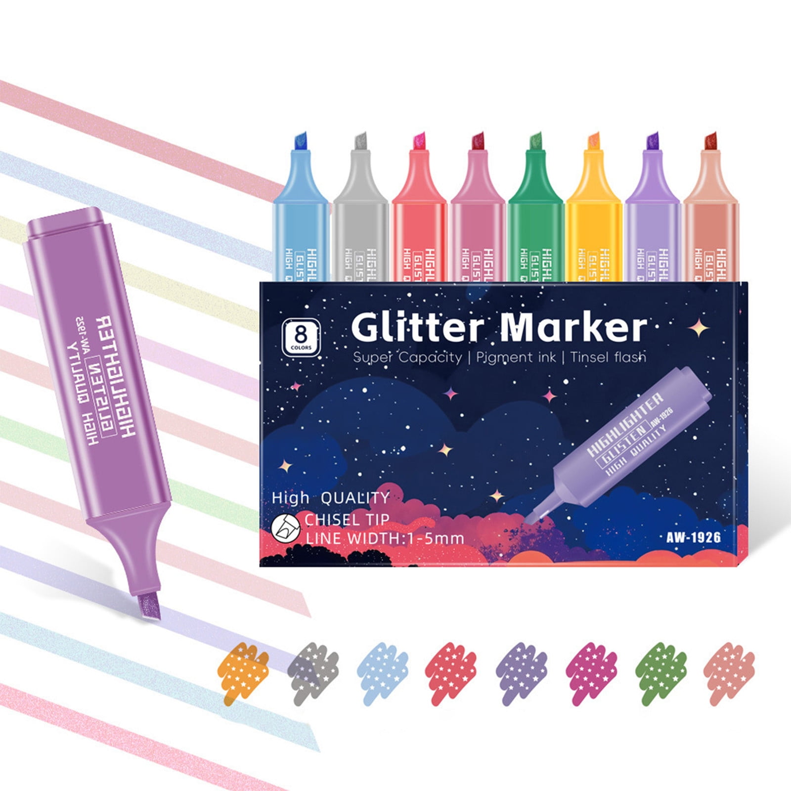 8 Pack Metallic Highlighter Pens Glitter Gel Markers Incline Head Decoration 5ml, Desk Office ...