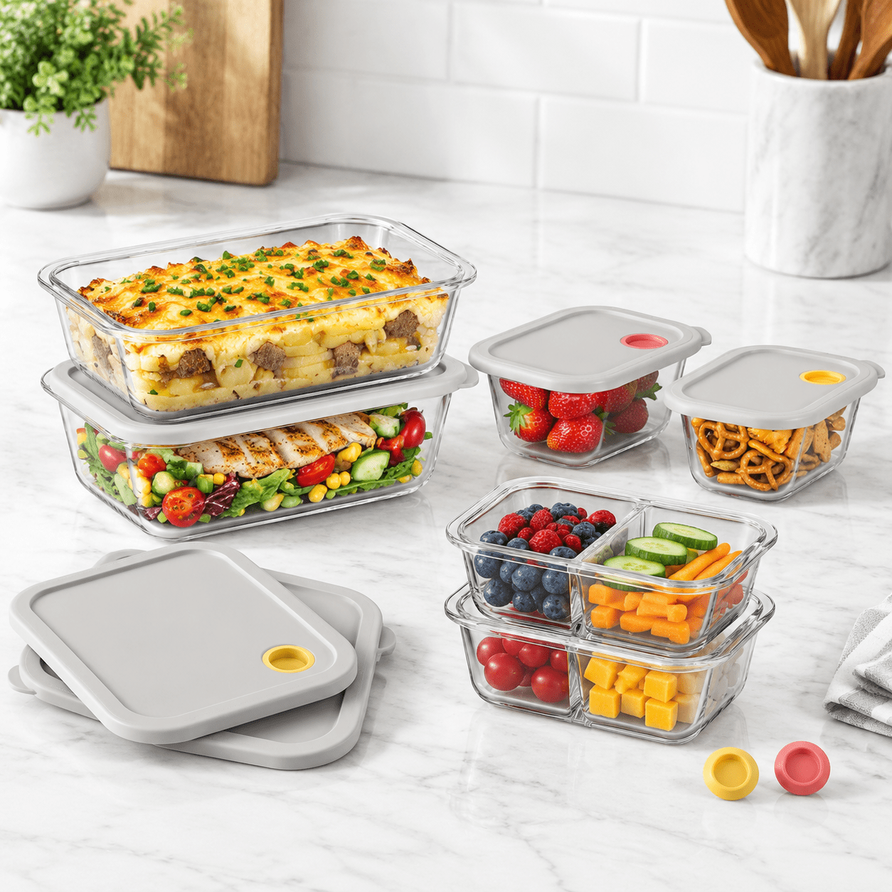8 Pack Multicolor Click-Together Lid Borosilicate Glass Food Storage ...