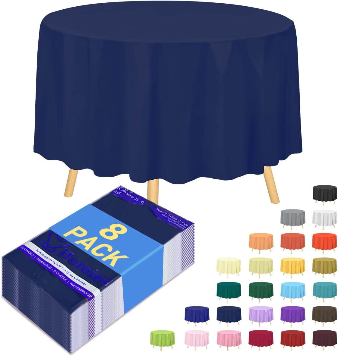 8-Pack Navy Blue Disposable Plastic Tablecloths Round 84 Inch Diameter ...