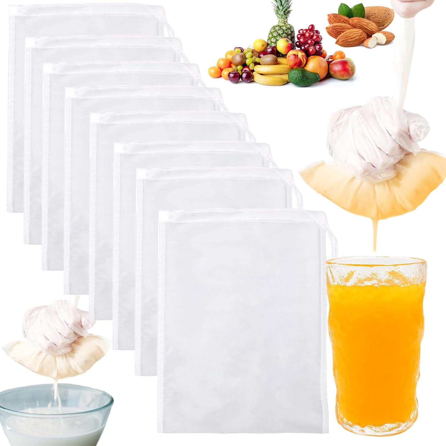 8 Pack Nut Milk Bag, 8''x12'' Grade Nylon Cheese Cloths for Straining ...