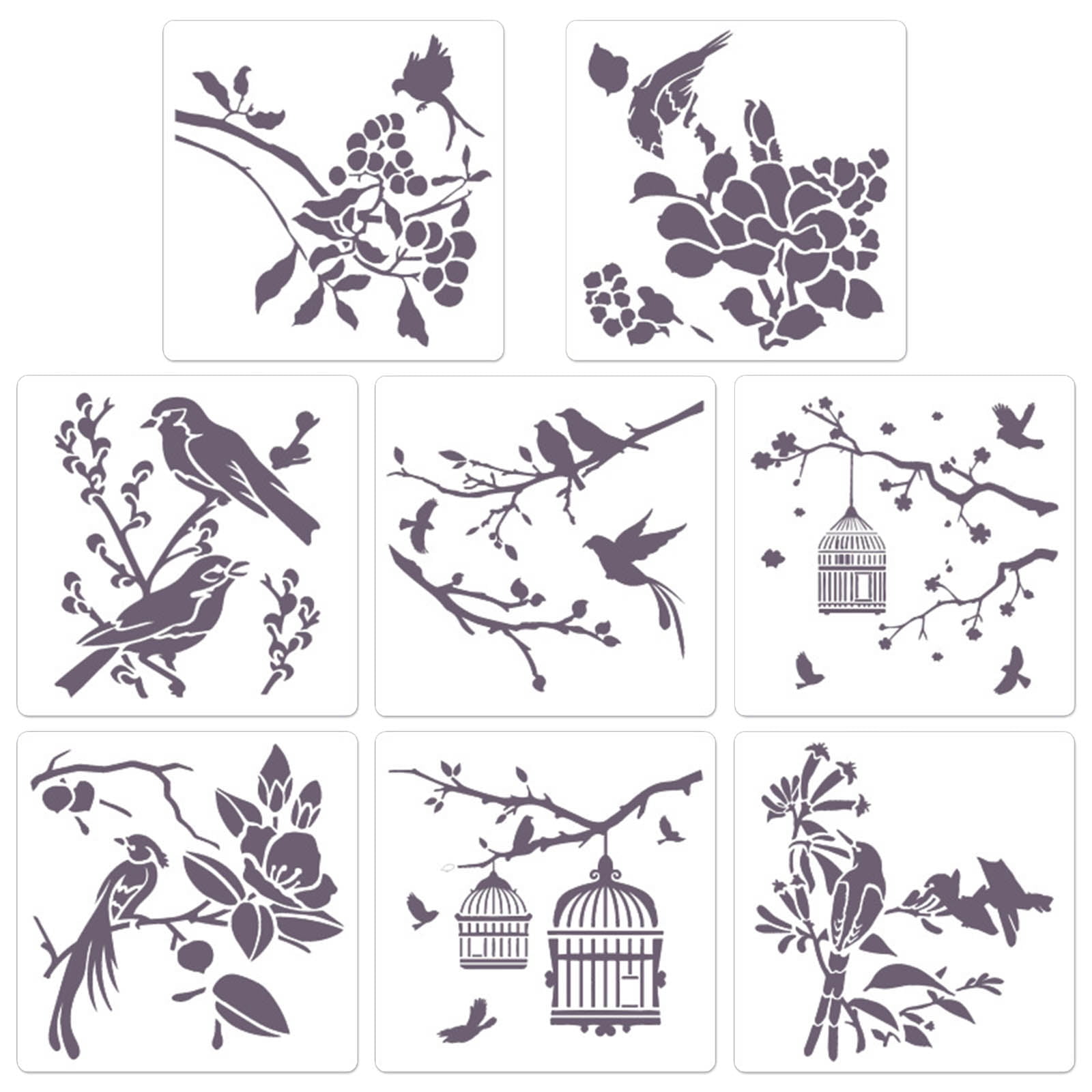 8 Pack Painting Stencils Cute Flower Birds Branch Drawing Templates ...