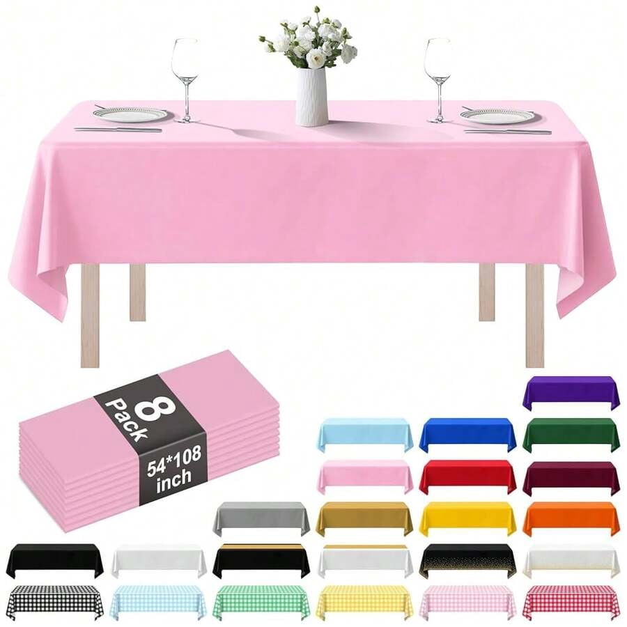 8 Pack Pink Solid Plastic Tablecloth 54x108 Inch Rectangular Disposable ...