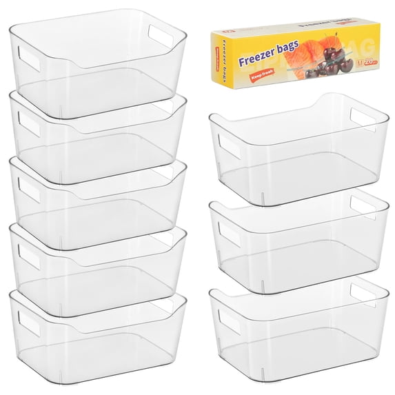 8 Pack Plastic Organizer Bins And 20 Pcs Freezer Bags Multi-use Pantry ...
