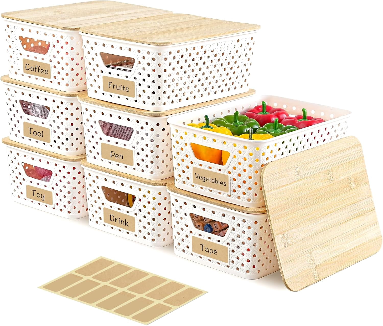 8 Pack Plastic Storage Bins with Bamboo Lids - Stackable Storage ...